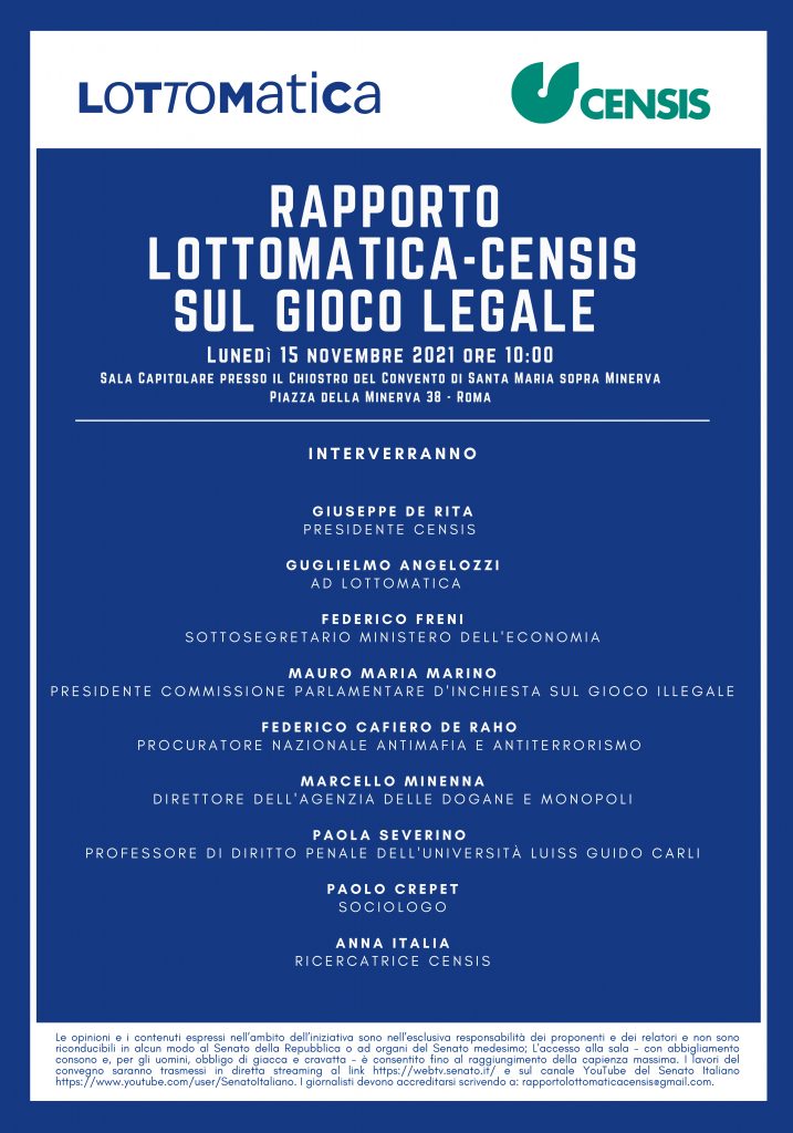 Rapporto Lottomatica-Censis sul Gioco Legale, il 15 novembre la ...